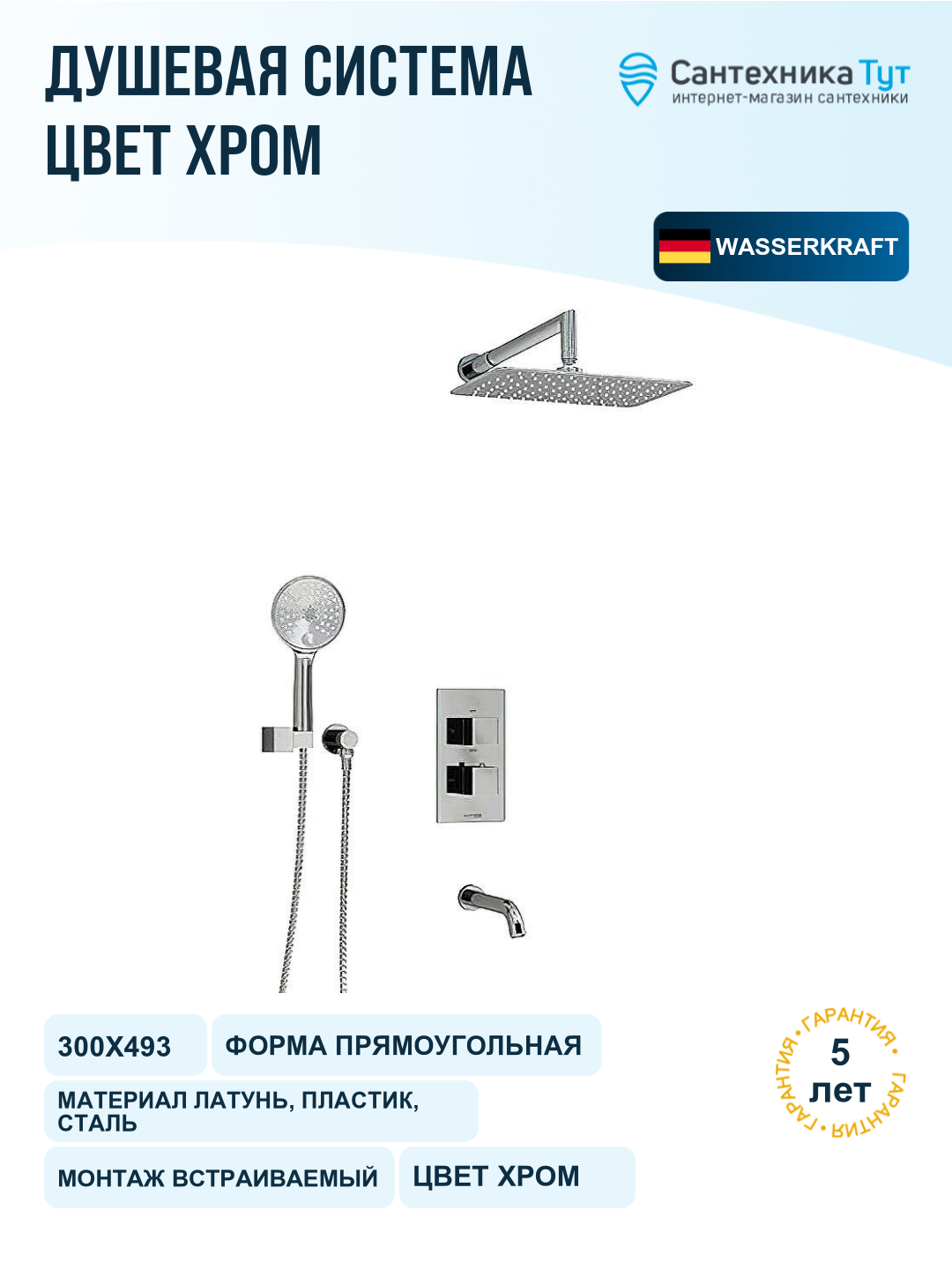Душевая система скрытого монтажа WasserKRAFT Alme A171519 Thermo, хром