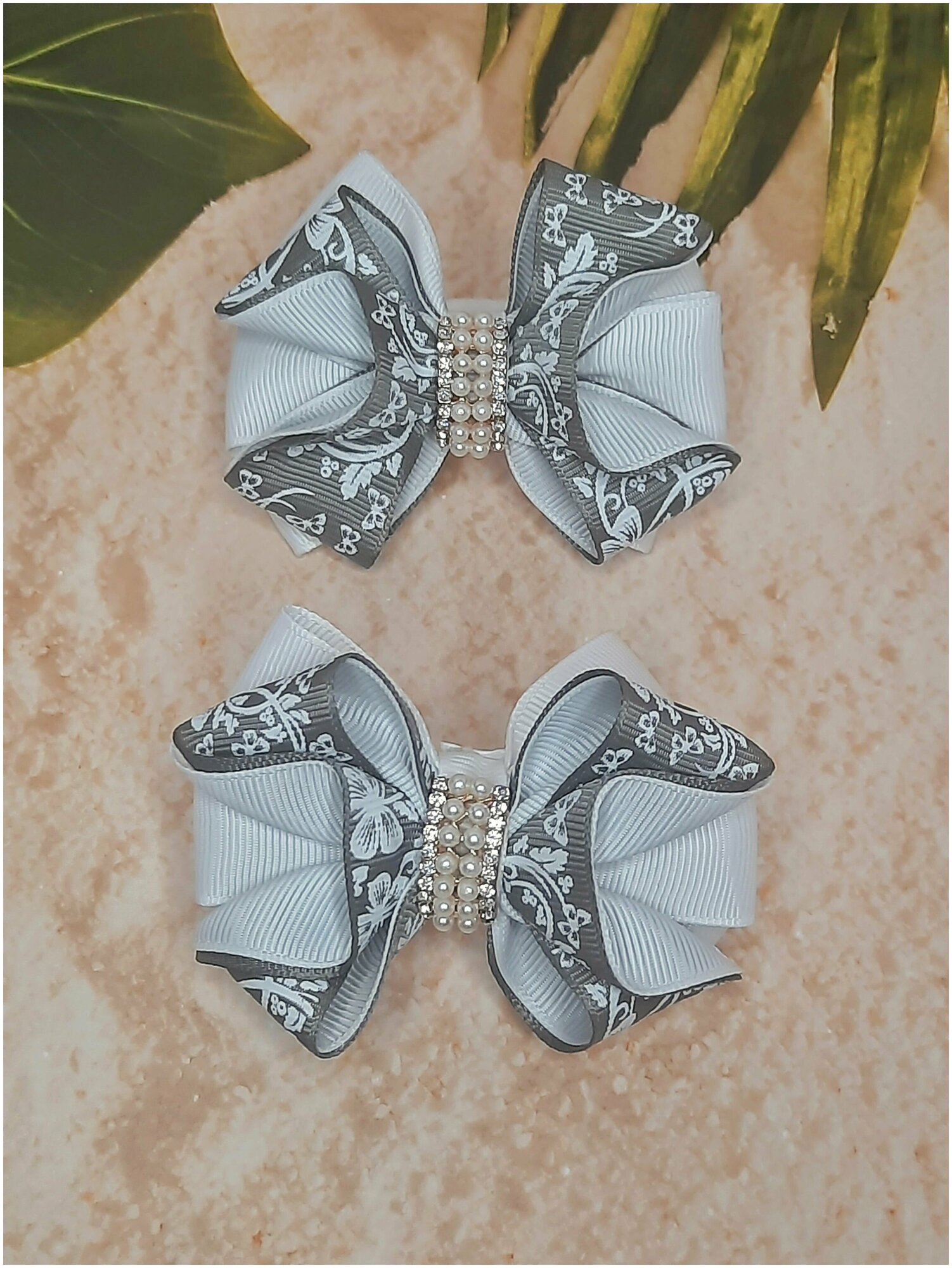 Бантики для девочек ручной работы, текстиль, 7.5см, набор 2 шт, серые