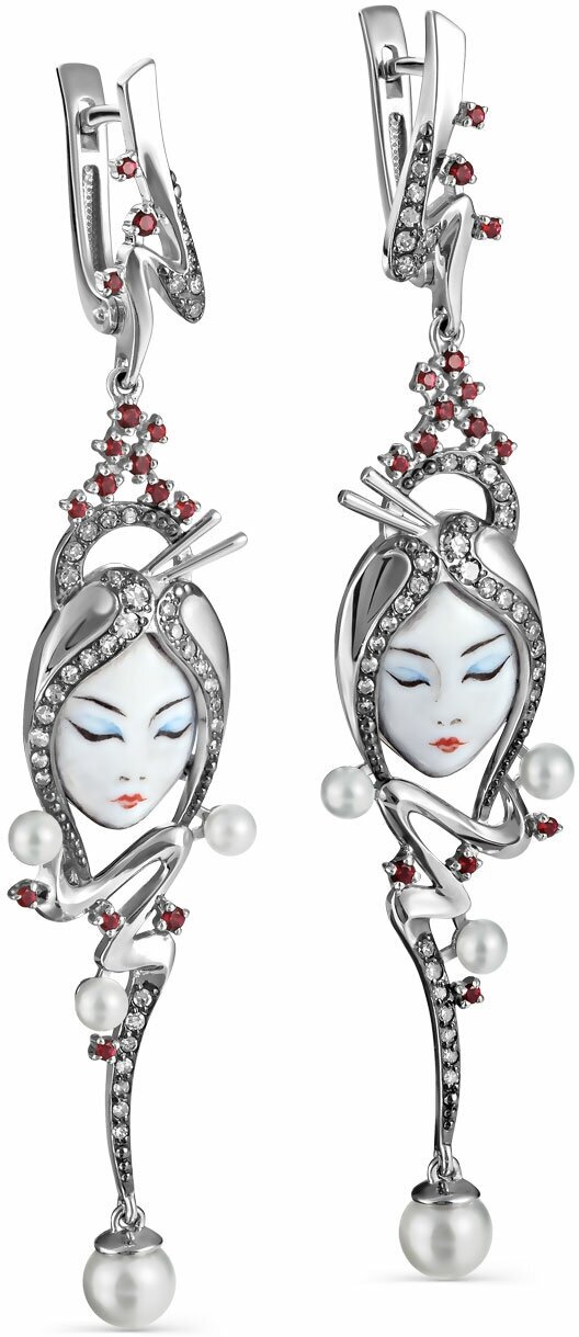 Серьги, белое золото, 585 проба, топаз, бриллиант, финифть, жемчуг