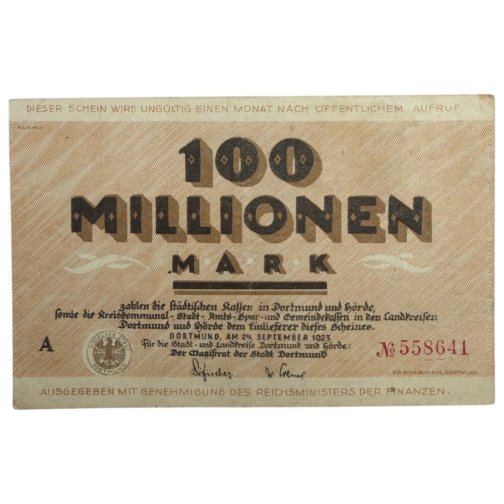 Германия (Веймарская республика) Дортмунд 100000000 (100 миллионов) марок 1923 г. (Серия A)