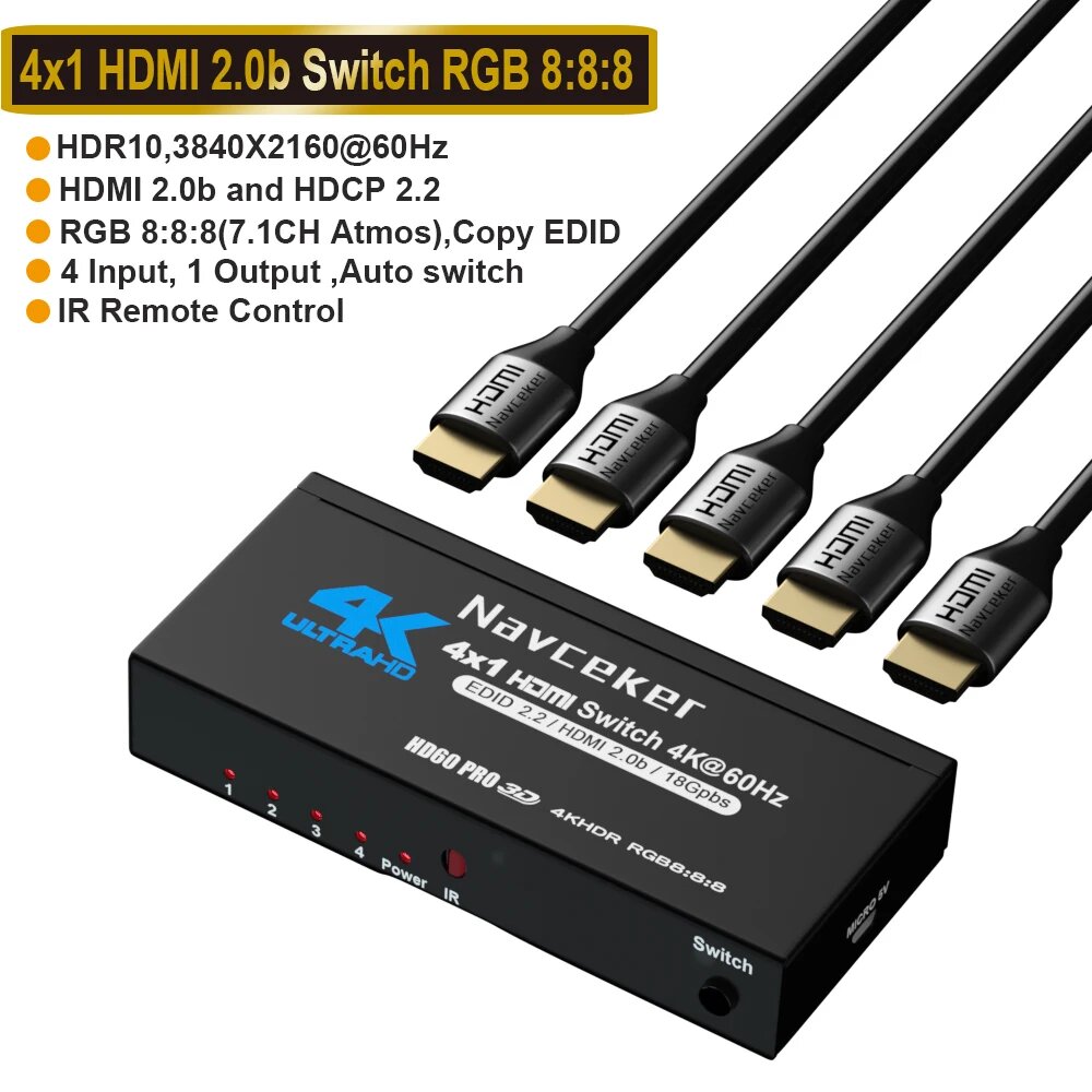 2023 Лучший 4K HDMI переключатель 2,0 Поддержка RGB 4:4:4 HDR HDMI переключатель 4K 60 Гц HDMI 2,0 переключатель с дистанционным управлением IR UHD 4 порта HDMI переключатель