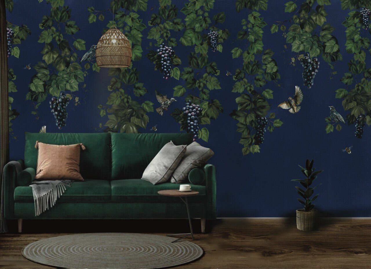 Фреска бесшовная Скворцы и виноград синий (ширина 2750мм х длина 2000мм)