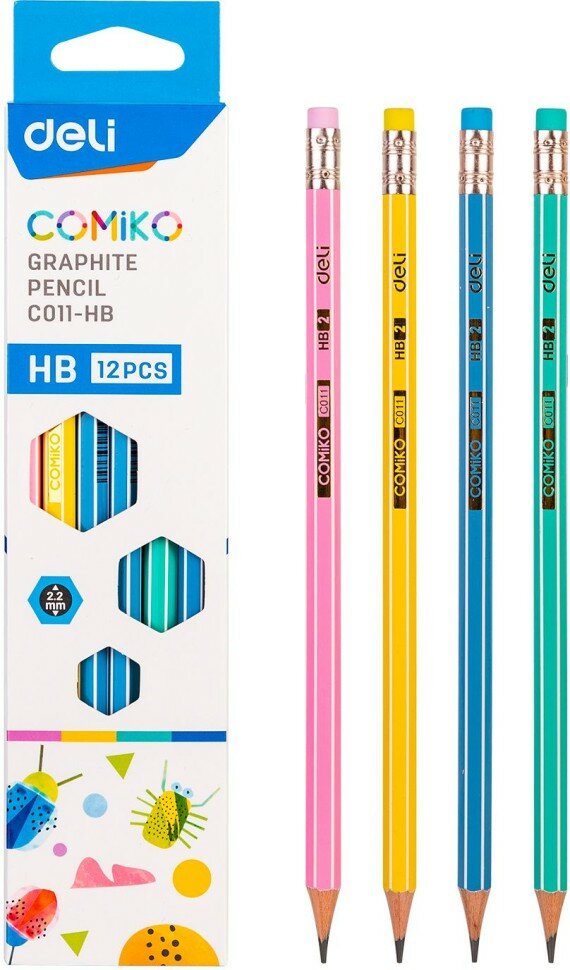 Карандаш ч/г Deli EC011-HB Comiko HB шестигран. липа ассорти кор. европод. (12шт) ластик