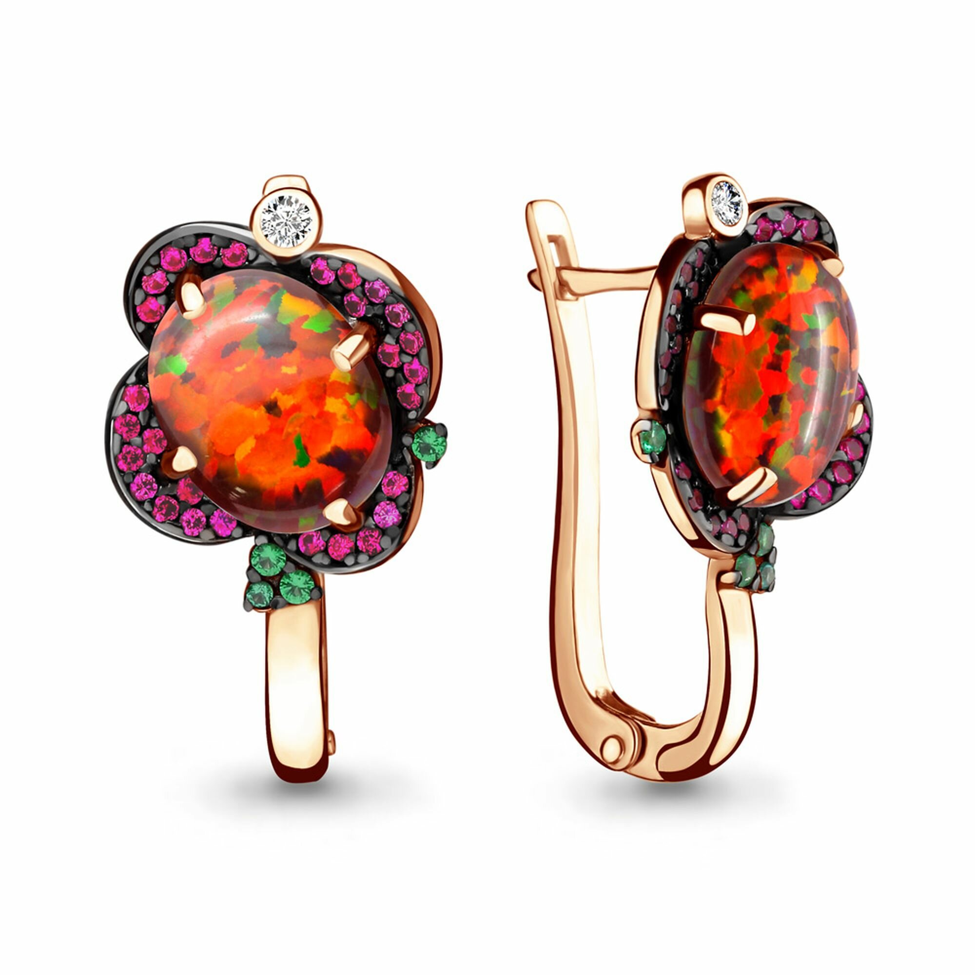 Серьги, серебро, 925 проба, золочение, фианит, опал, кристалл, изумруд синтетический