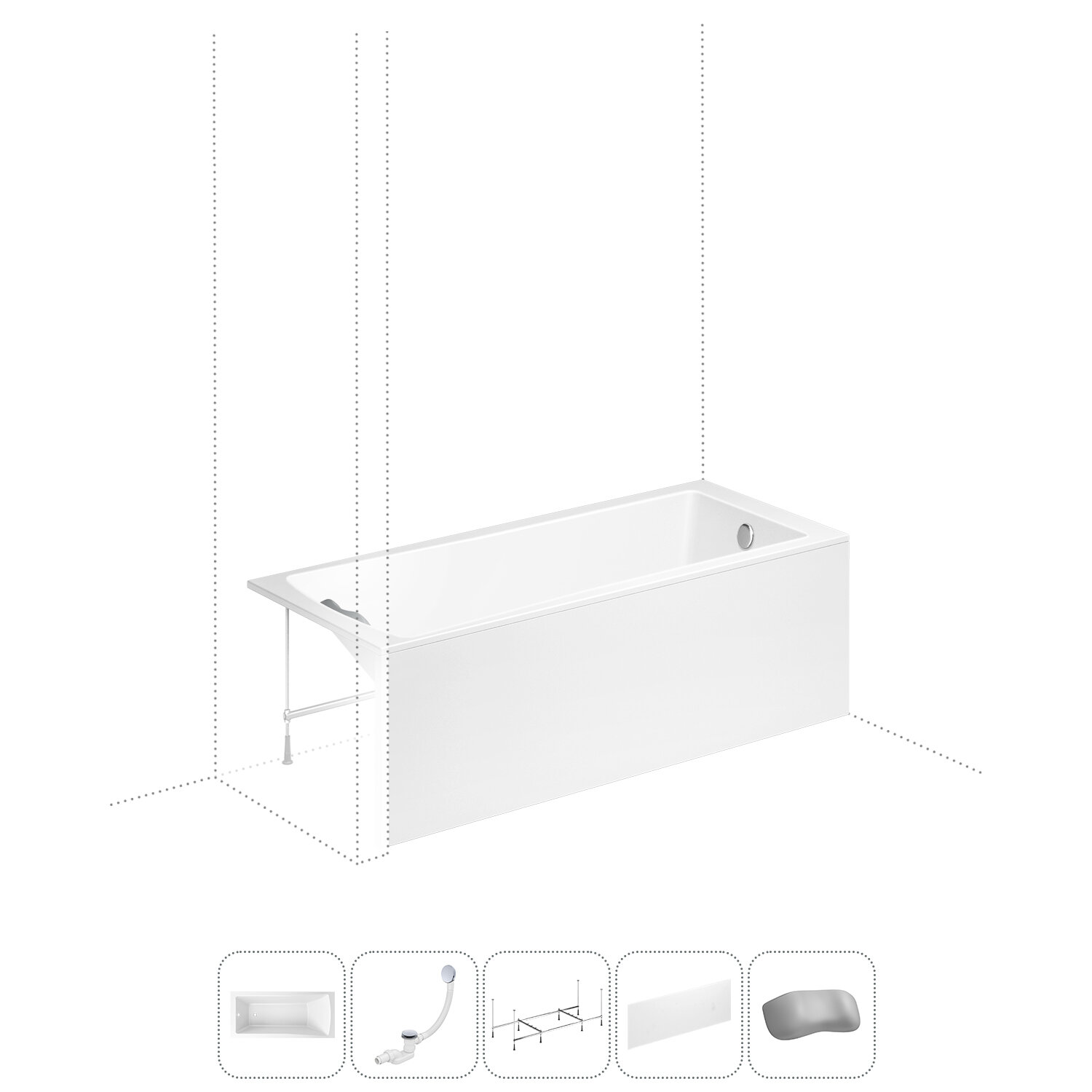 Акриловая ванна 140x70 с каркасом и экраном Lavinia Boho One 202011622 в наборе 5 в 1: прямоугольная ванна 140 x 70 см, слив-перелив, каркас, экран, подголовник