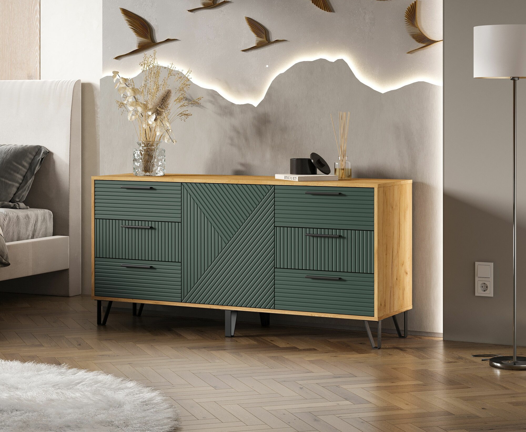 Флэш Комод 1500 мм Браш Мени Грин, Дуб Крафт