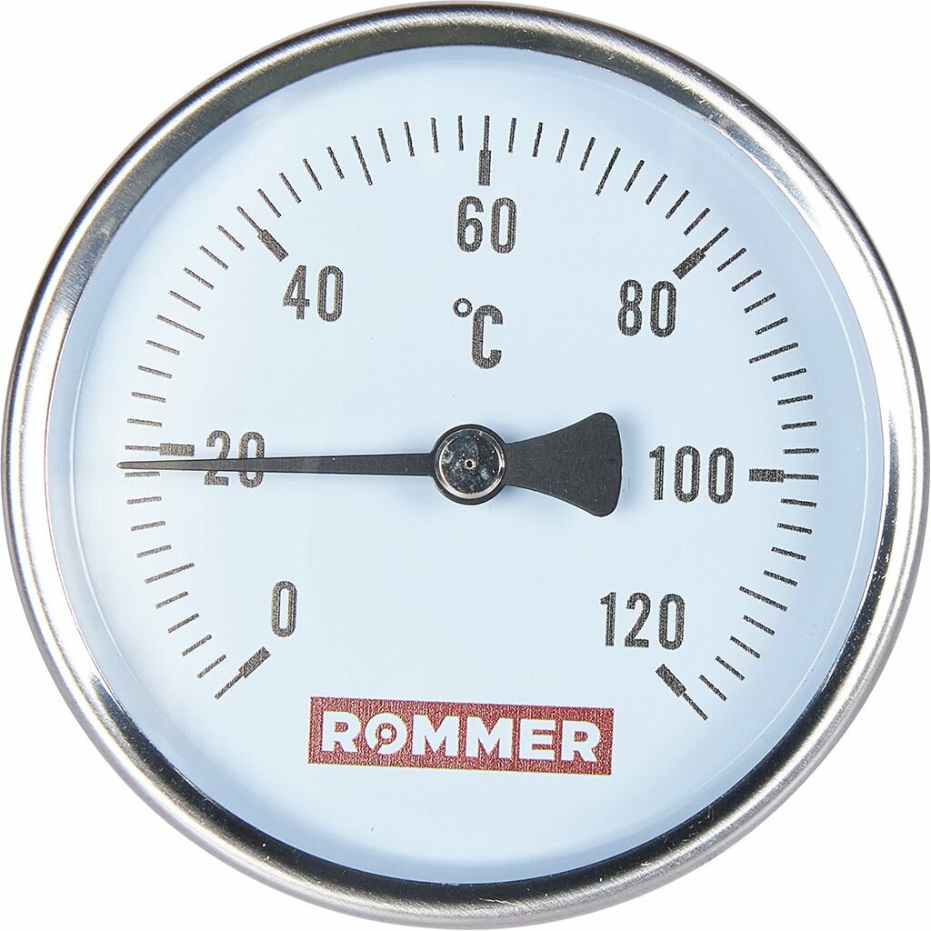 Термометр биметаллический, до 120°С, D = 80 мм, подкл. 1/2", с погружной гильзой 50 мм, ROMMER