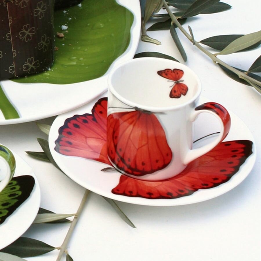 Кофейная пара, чашка для кофе с блюдцем, фарфоровая посуда TAITU Butterfly, 100 мл, цвет: красный, FREEDOM