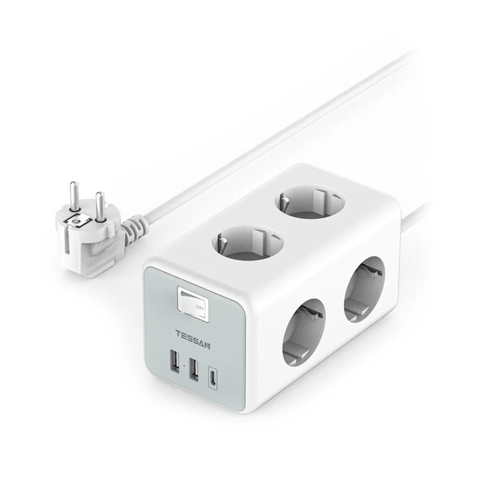 Сетевой фильтр Tessan TS-306-C grey, евророзетки 6 шт, 2xUSB-A, 1xUSB-C