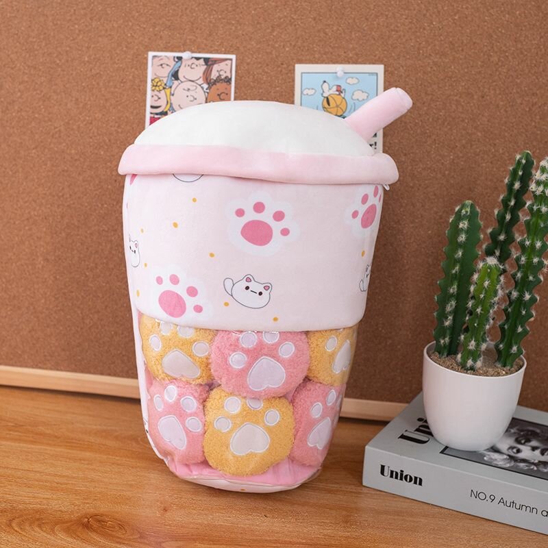 Подарок на день рождения для детей - плюшевая игрушка-подушка Squishmallow в форме чашки пузырчатого чая "Boba", розового цвета.
