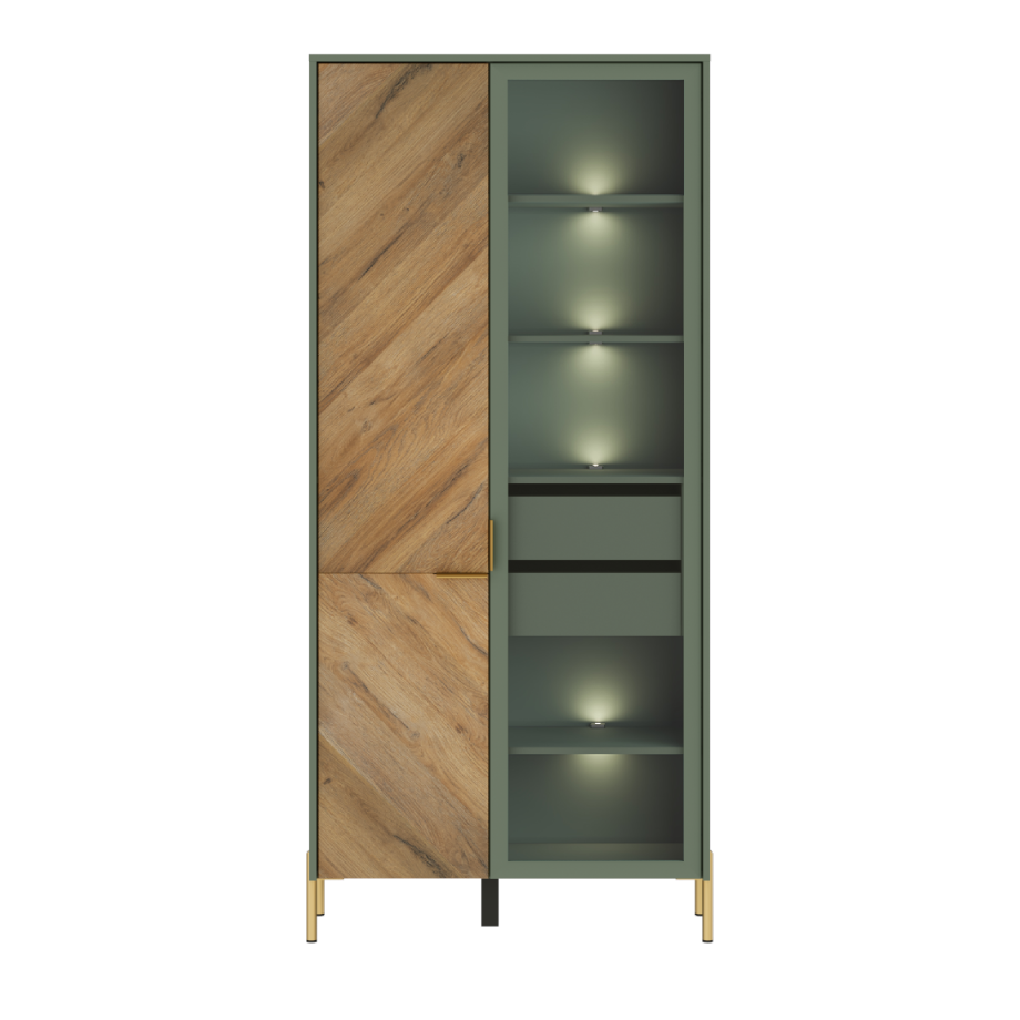 Витрина с подсветкой БРВ SIENA REG1W1D Дымчатый зеленый/Дуб вотан ш 92,5, в. 201, г. 41
