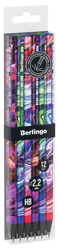 Berlingo Набор карандашей ч/г Berlingo "Liquid Wave" HB, 12шт, черное дерево, круглый, заточен, ассорти, PE