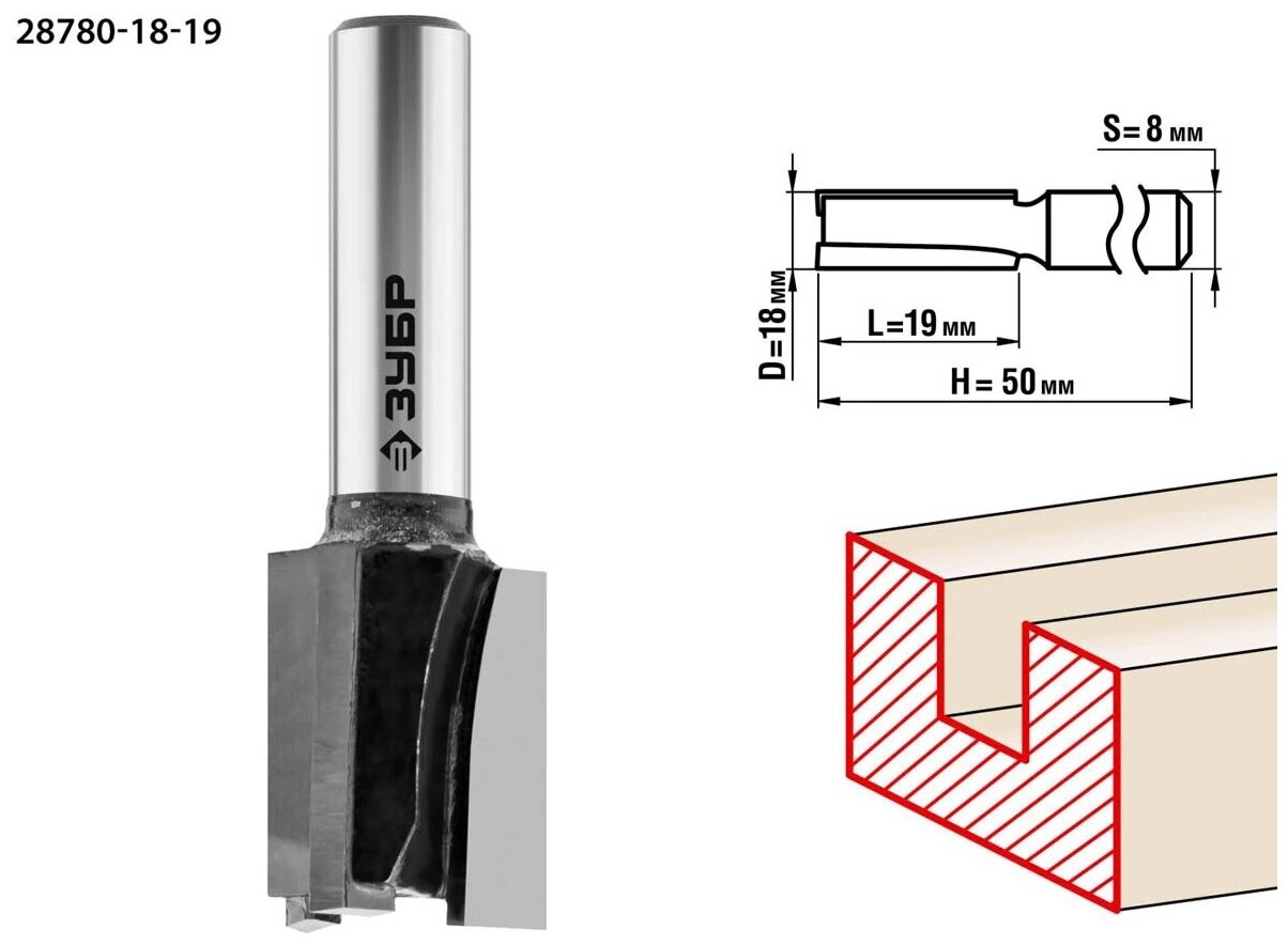 ЗУБР 18x19мм, хвостовик 8мм, фреза пазовая прямая