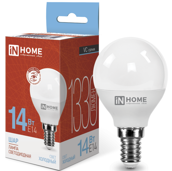 ASD InHome лампа светодиодная VC шар P45 E14 14W(1330lm) 6500К 6K 90x46 (без пульсации) 7850