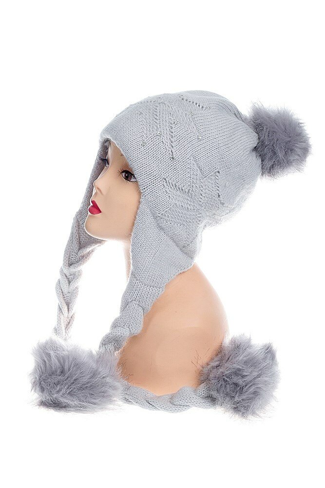 Капор Вязаный капор с косичками и помпонами для женщин