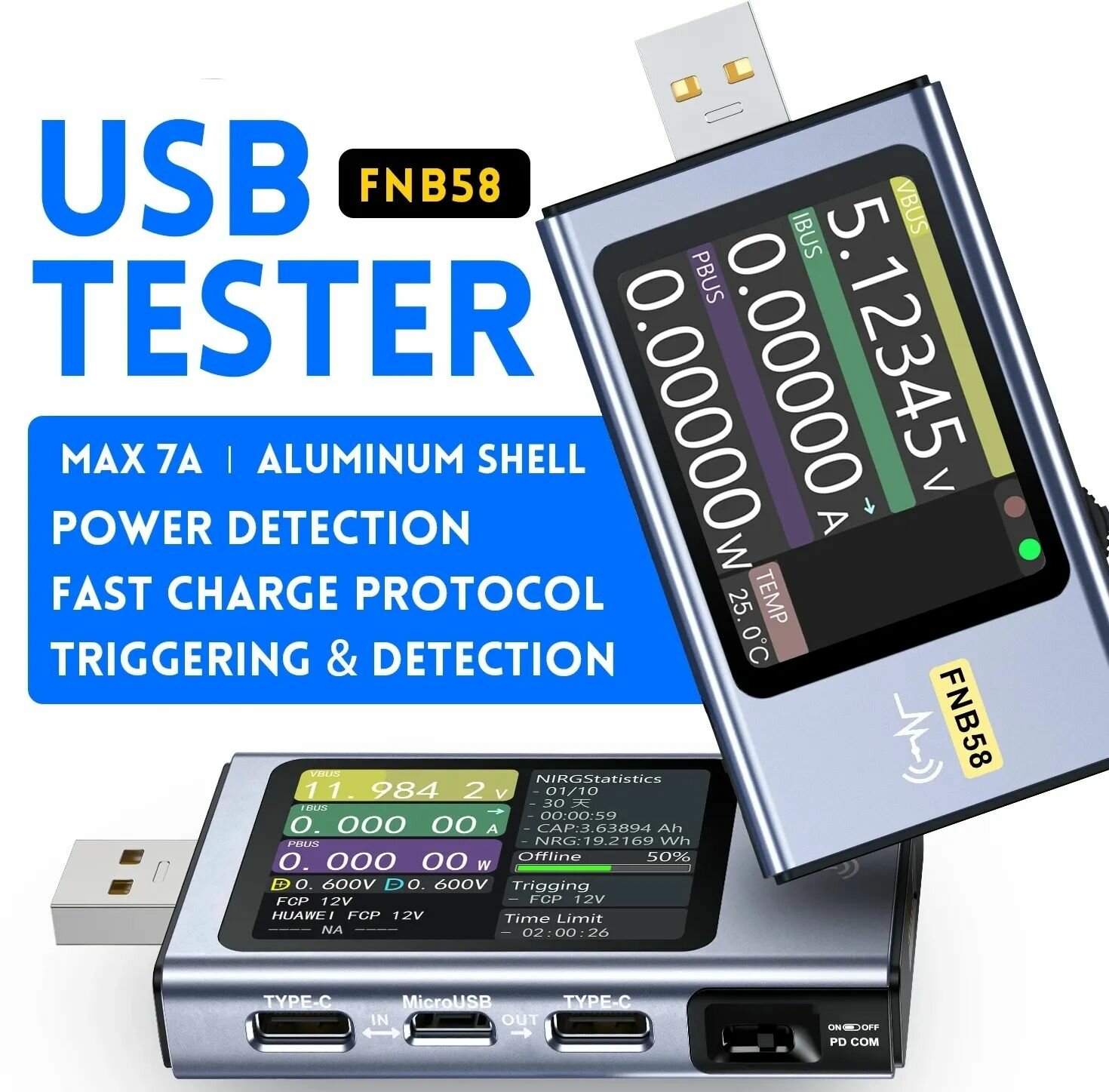Многофункциональный USB тестер Fnirsi FNB58, 4-28В, 0-7А, Bluetooth