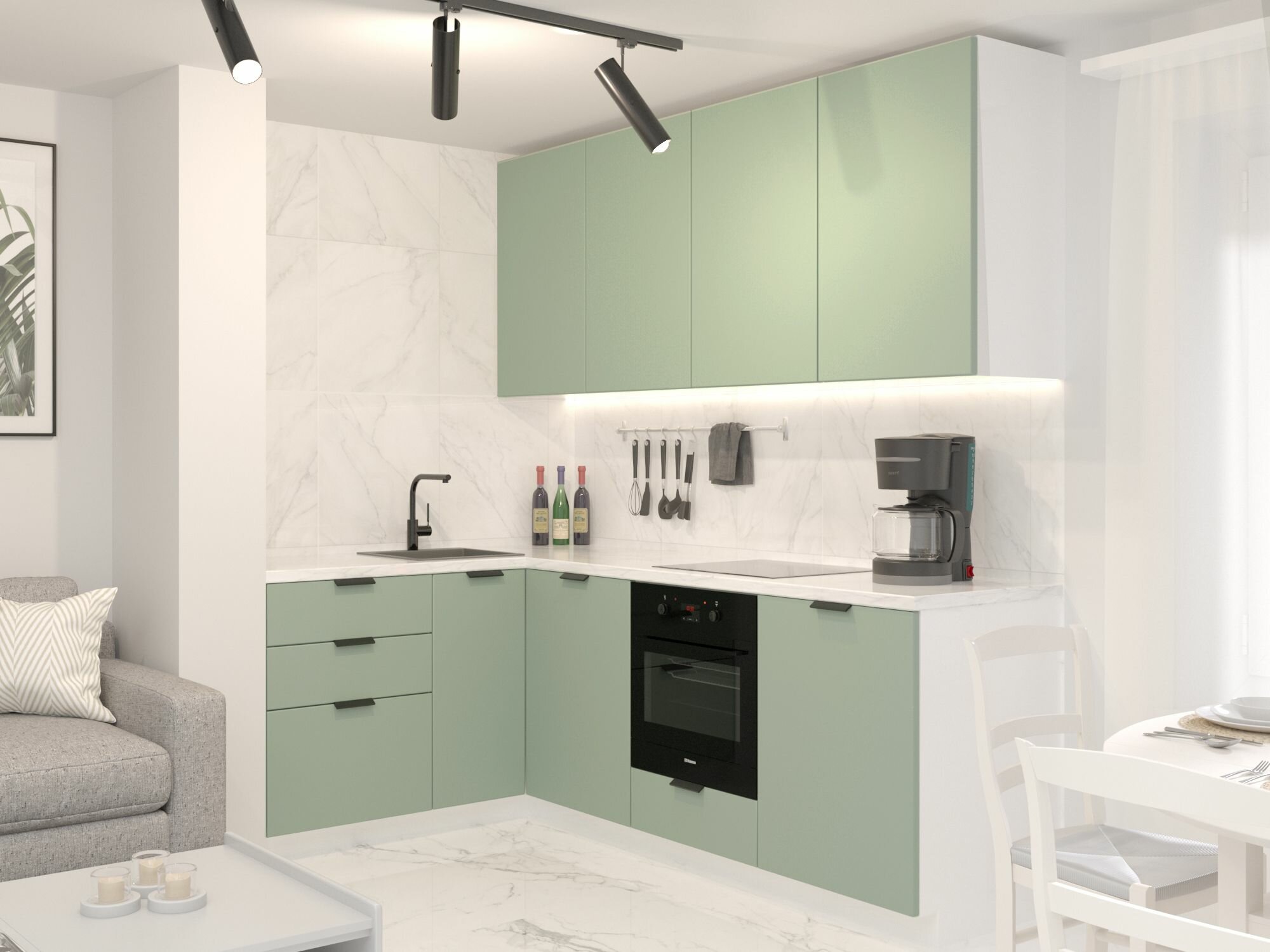 Кухонный гарнитур Фьюжн, Зеленый матовый, 1600/2400 мм