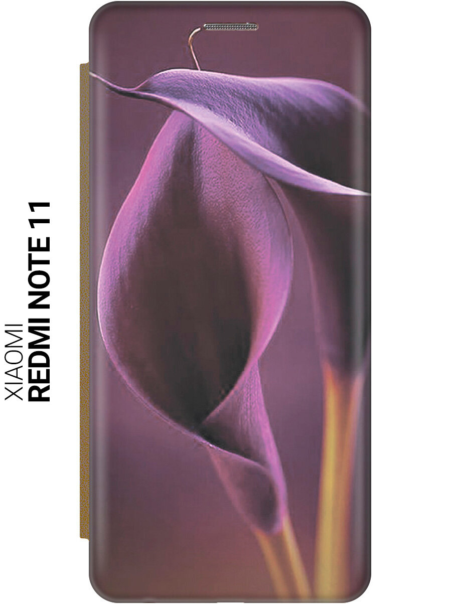 Чехол-книжка на Xiaomi Redmi Note 11 / Note 11S / Сяоми Редми Ноут 11 / Ноут 11С c принтом "Сиреневые каллы" золотистый