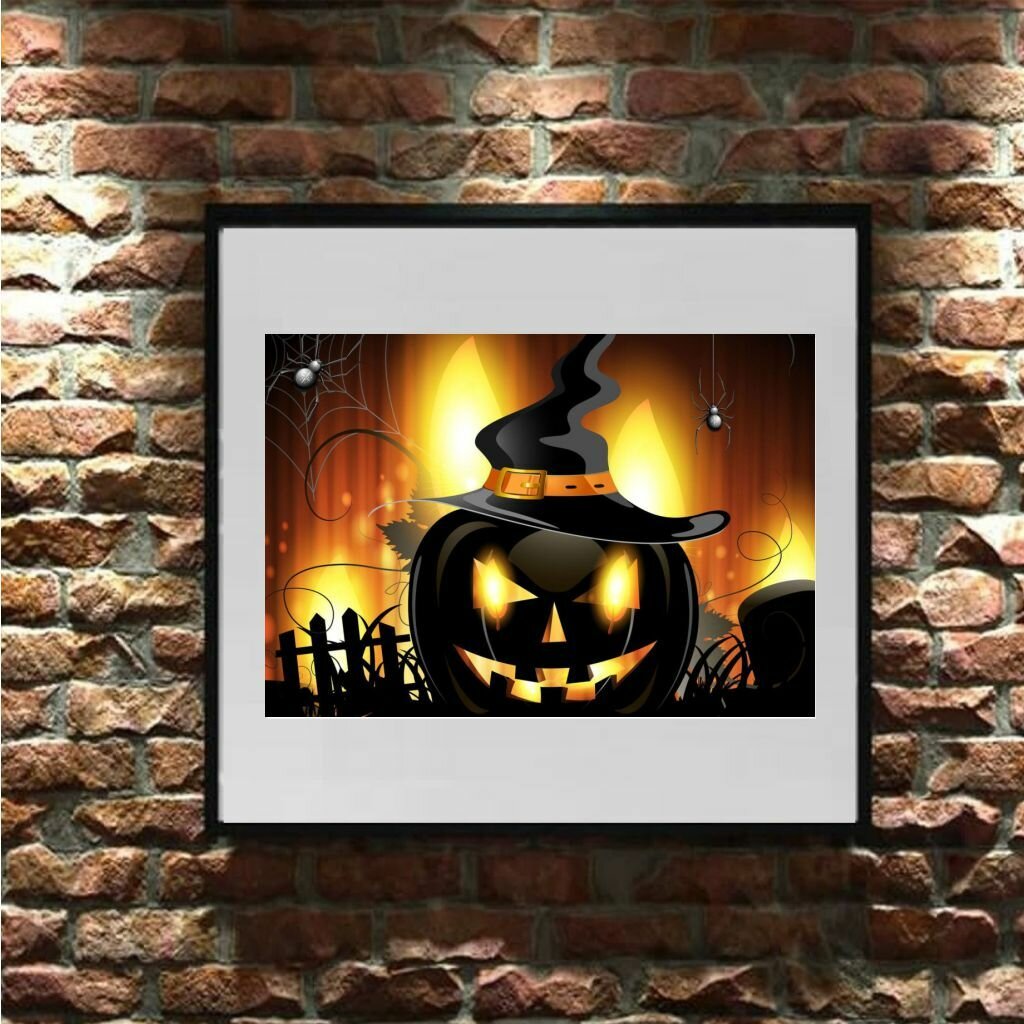 Постер "Жуткая тыква в шляпе" на Хэллоуин (Halloween) от Cool Eshe из коллекции "Праздники", плакат на стену А4 (29,7 х 21 см) для интерьера в стиле Дня всех святых