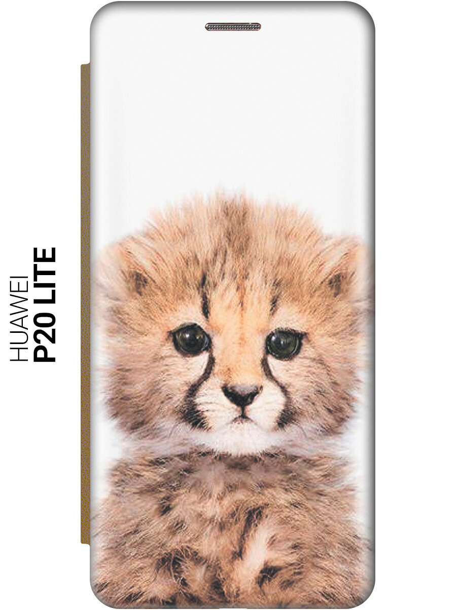 Чехол-книжка на Huawei P20 Lite / Nova 3e / Хуавей П20 Лайт / Нова 3Е c принтом "Гепарденок" золотистый