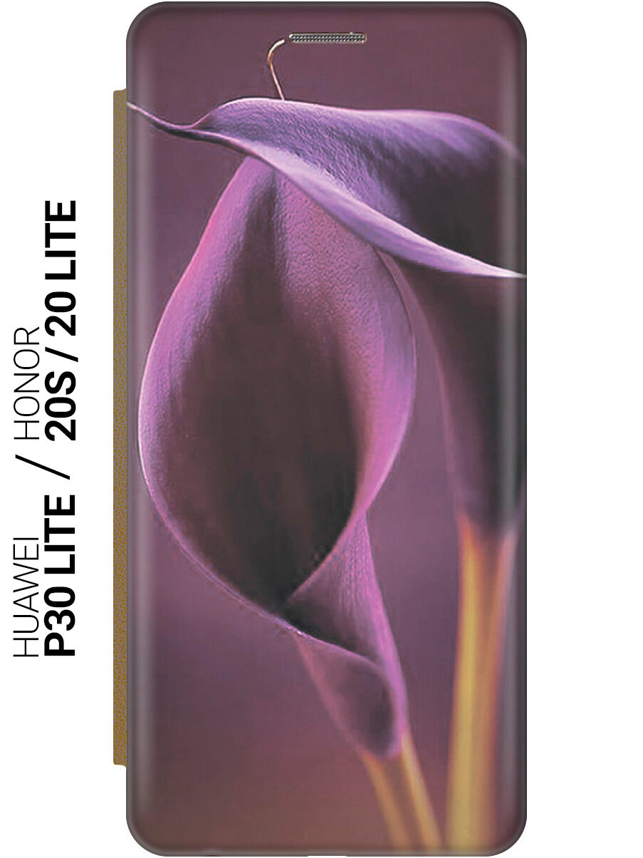 Чехол-книжка на Honor 20 Lite / 20s / Huawei P30 Lite / Хуавей П30 Лайт / Хонор 20 Лайт / 20s c принтом "Сиреневые каллы" золотистый