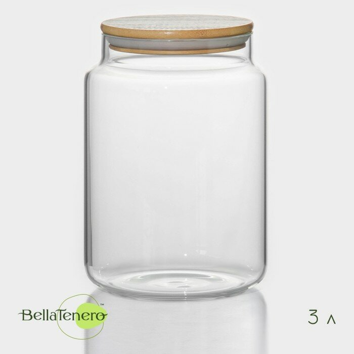 Банка для сыпучих BellaTenero Эко, 3 л, 14.5×21 см, с бамбуковой крышкой, стекло, прозрачная
