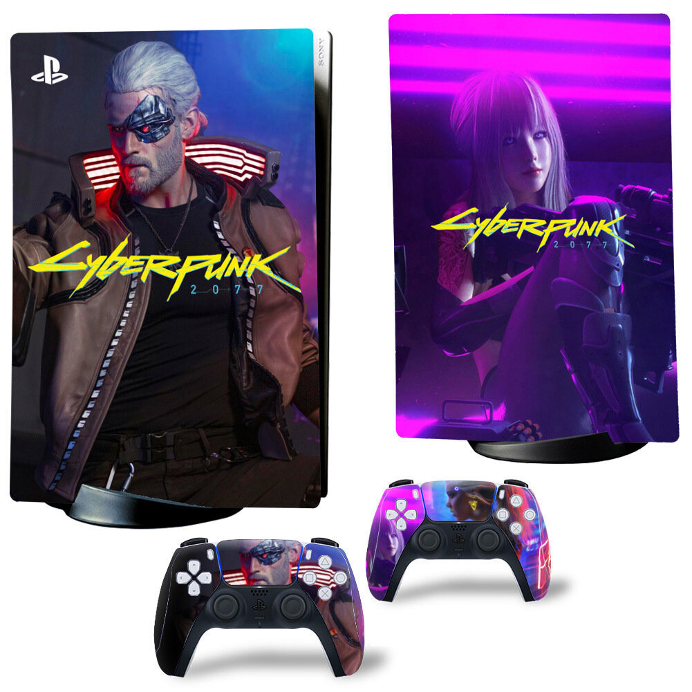 Наклейка виниловая защитная на игровую консоль Sony PlayStation 5 Fat Disc Edition, Киберпанк №2, полный комплект с геймпадами