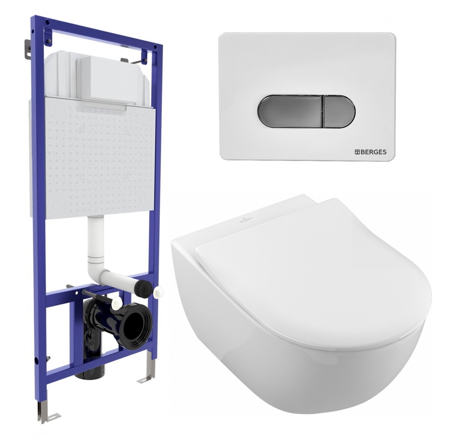 Комплект 3 в 1 инсталляция Berges Wasserhaus Novum D7 + Унитаз подвесной Villeroy & Boch Subway 2.0 5614R201 + кнопка хром