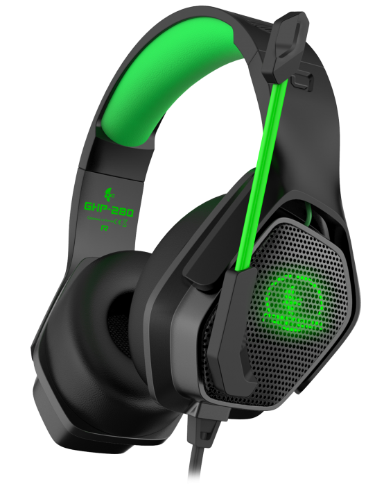Игровая гарнитура Jet.A PANTEON GHP-280 черно-зеленая(2х3,5мм mini jack, многоцветная LED, звук 2.0)