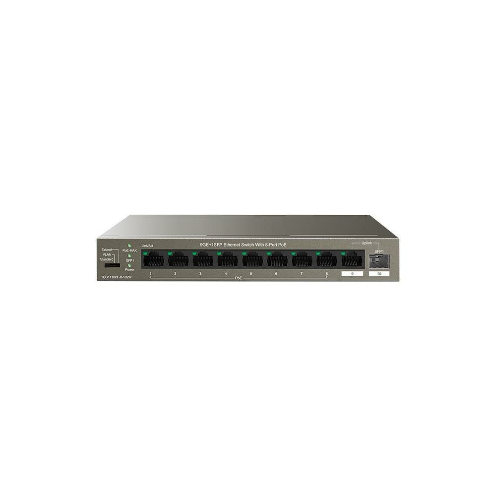 IP-COM G1110PF-8-102W Коммутатор неуправляемый PoE, 10 портов, 9x1 Гбит/с, SFP 1х1 Гбит/с, PoE 8х30 Вт (до 102 Вт)