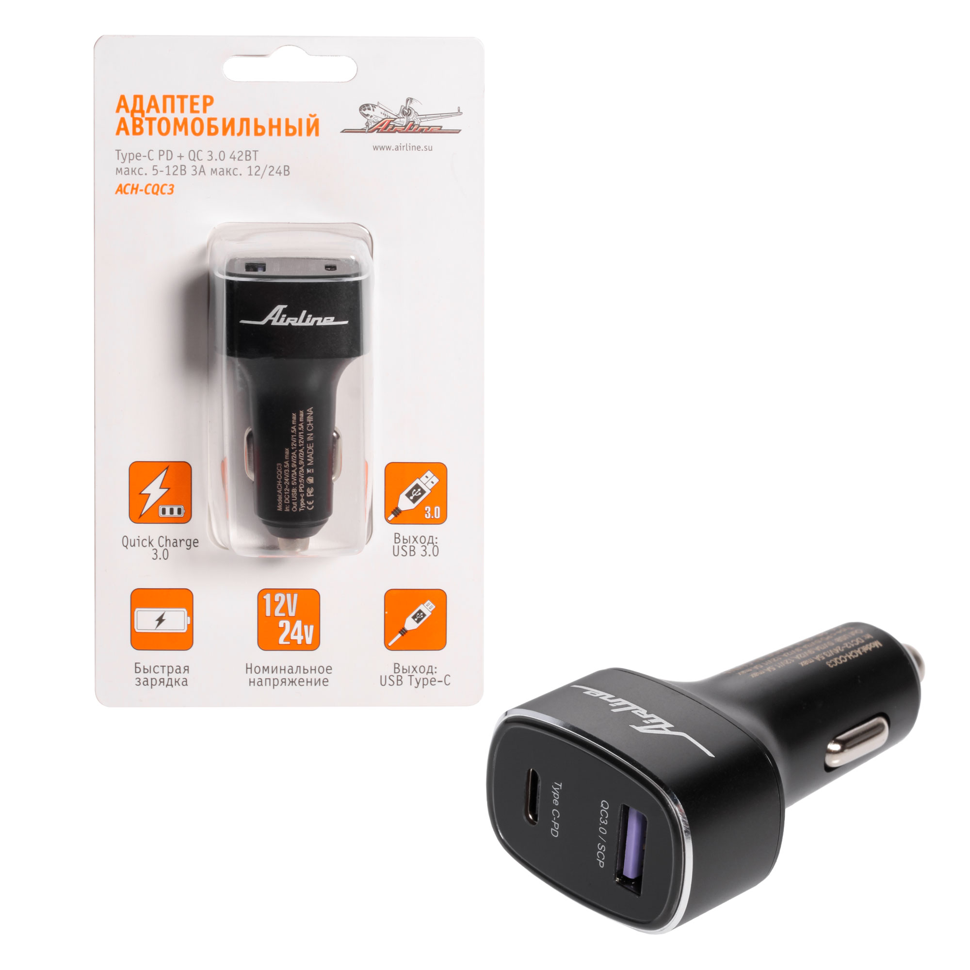 AIRLINE ACH-CQC3 (ACHCQC3) адаптер автомобильный type-c pd + qc 3.0 42вт макс. 5-12в 3а макс. 12 / 24в (ach-cqc3)