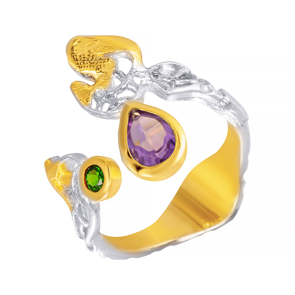 Кольцо, серебро, 925 проба, хромдиопсид, аметист