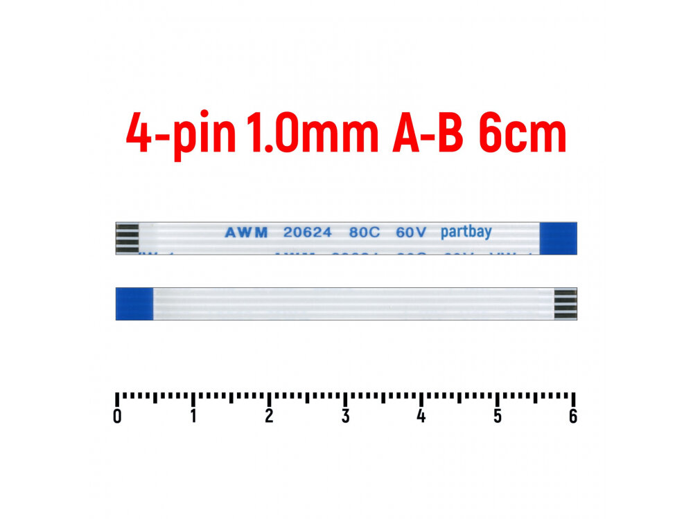 Шлейф FFC 4-pin Шаг 1.0mm Длина 6cm Обратный A-B AWM 20624 80C 60V VW-1