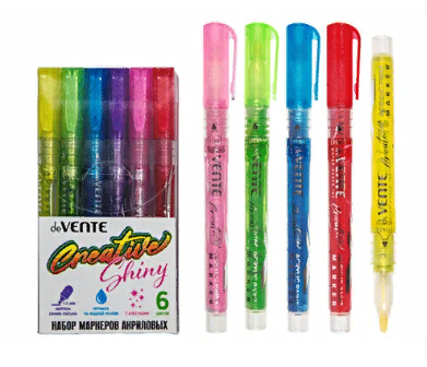 Набор маркеров акриловых "deVENTE. " 6 цветов с блёстками, круглый корпус, пулевидный наконечник, ши