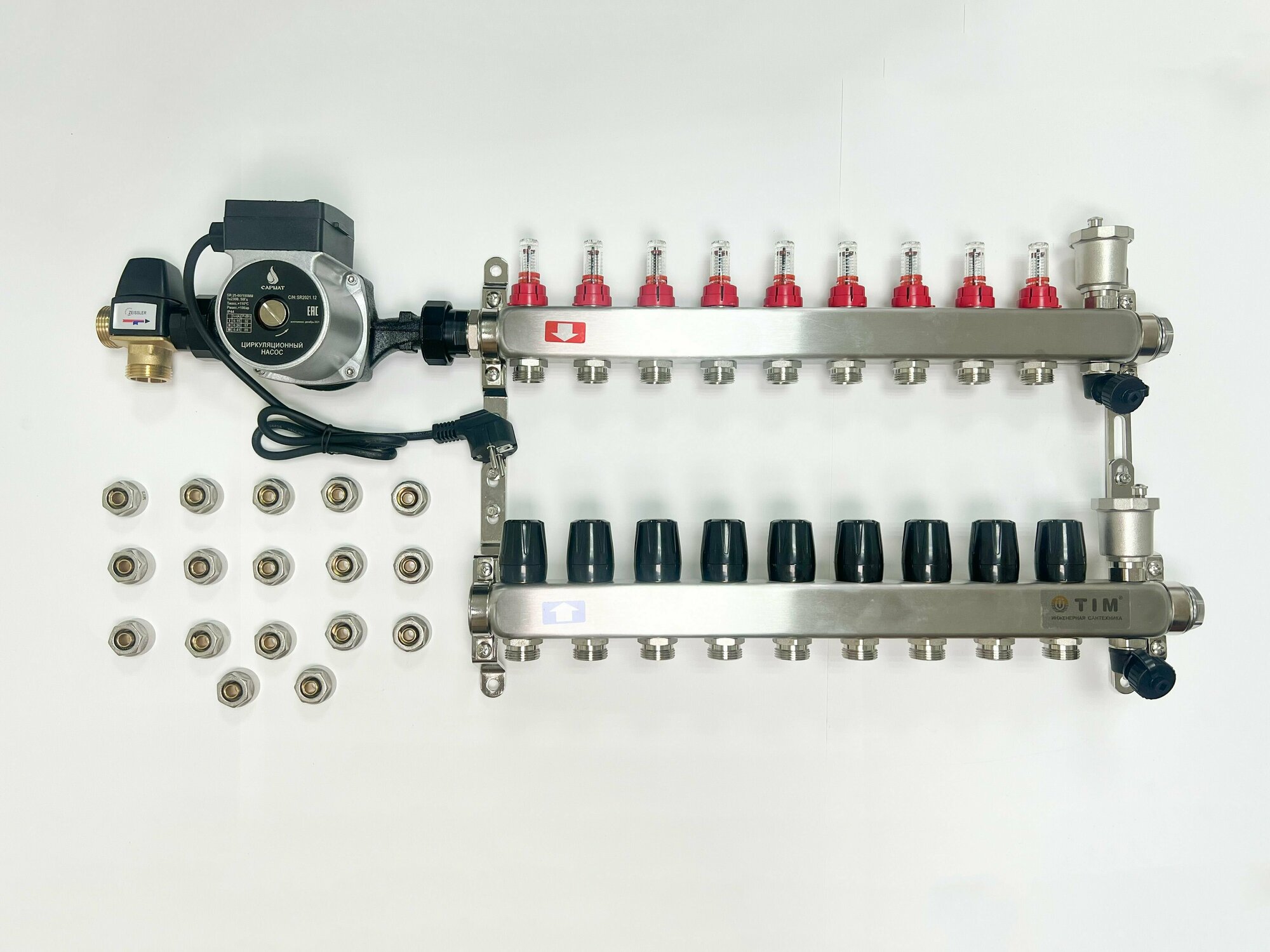 Комплект для водяного теплого пола (до 120 кв. м): коллектор 9 выходов с расходомерами + термостатический клапан + насос