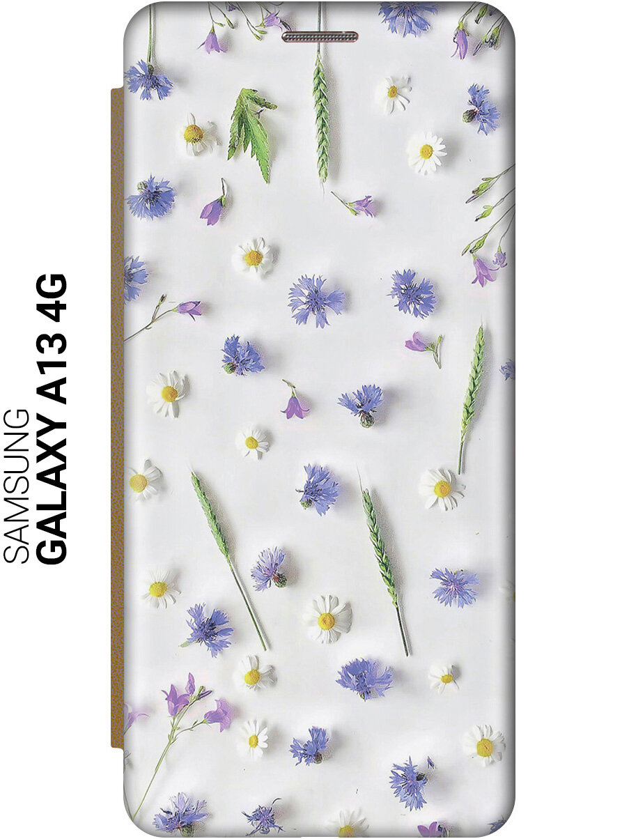 Чехол-книжка на Samsung Galaxy A13 4G / Самсунг А13 4Г с рисунком "Ромашки и колоски" черный