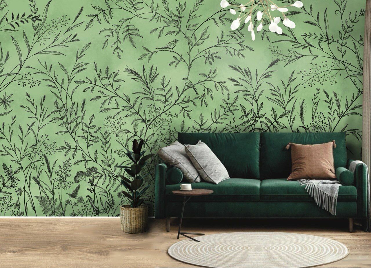 Обои бесшовные "Птички в полевых цветах" фисташковый (ширина 2550мм х длина 5500мм)