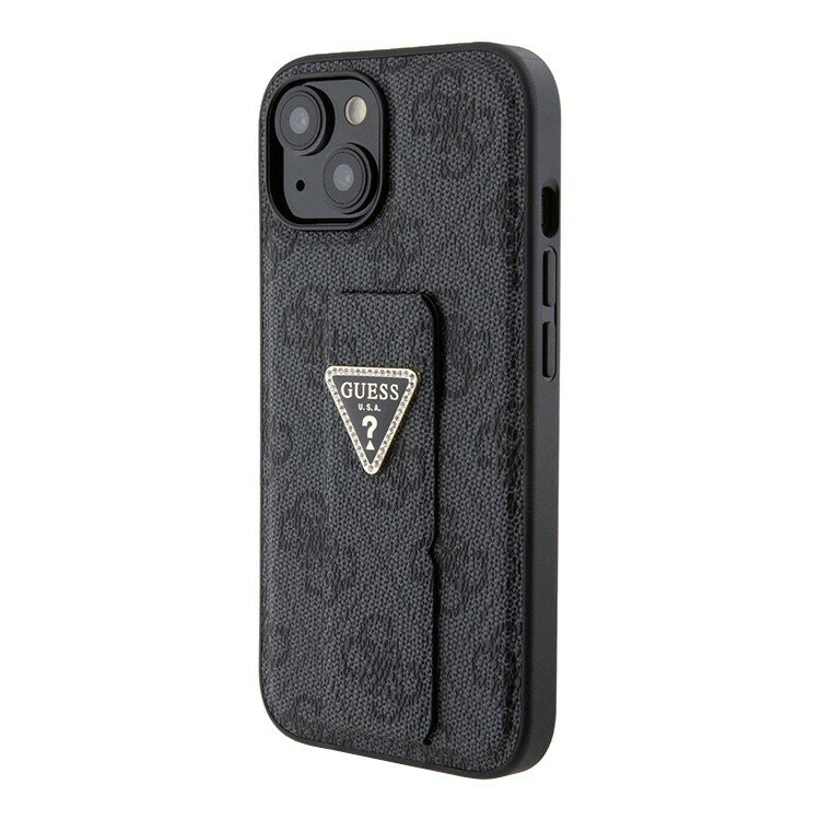Guess для iPhone 15 чехол с подставкой GripStand из кожи PU с принтом 4G и Triangle Diamond metal logo, черный