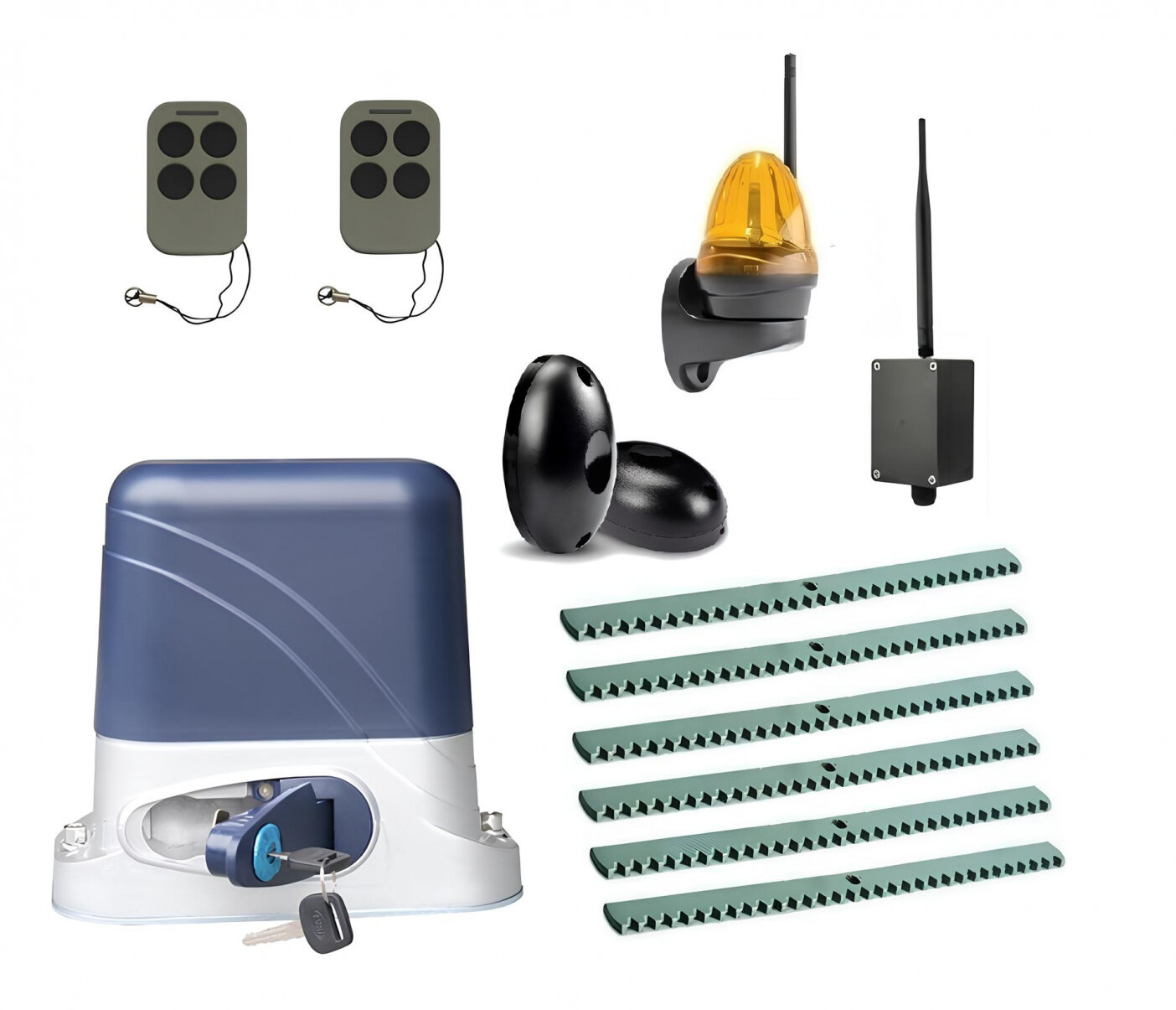 Автоматика для откатных ворот KSL-1300 FULL-K6-BT, комплект: привод, 2 пульта, Bluetooth-модуль, фотоэлементы, лампа, 6 реек
