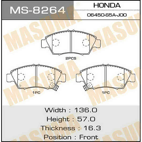 MASUMA MS8264 (06450S5AJ00 / 06450S5BJ00 / 06450S7AJ00) колодки дисковые передние\ Honda (Хонда) Civic (Цивик) 1.4 /