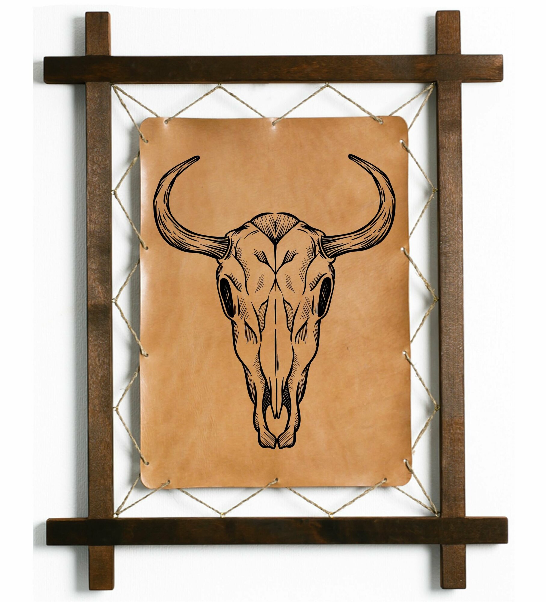 Интерьерная картина из натуральной кожи "Череп быка", декоративное настенное панно в деревянной раме, BoomGift