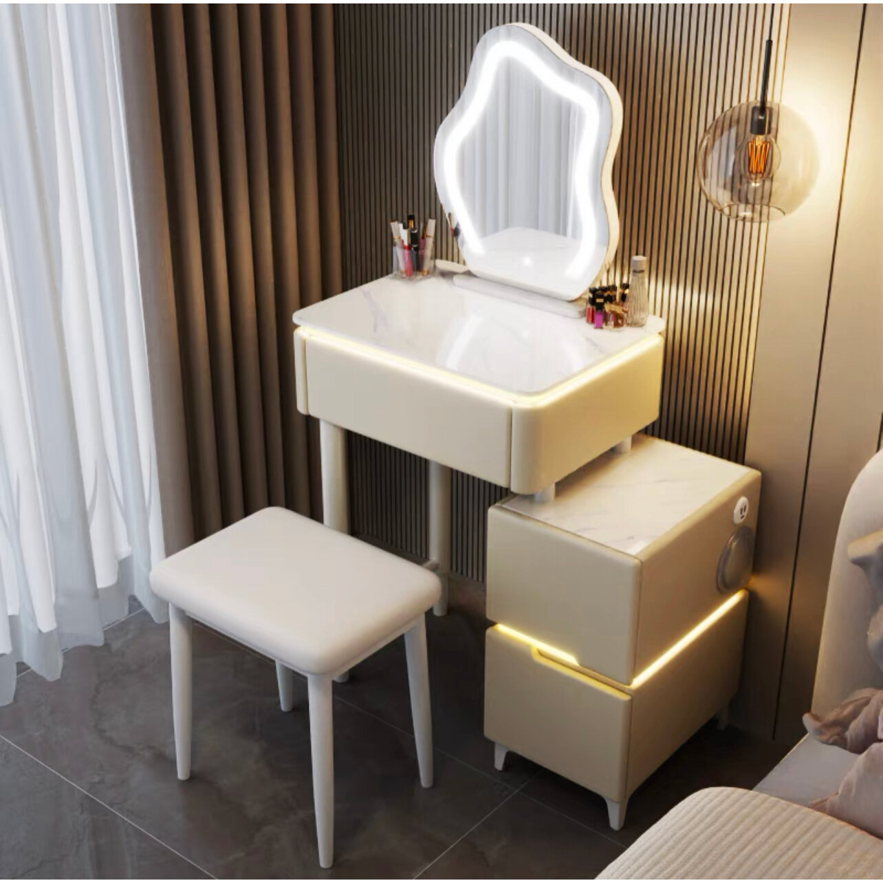 Туалетный столик с подсветкой Freda (Цвет бежевый, стол 50см с подсветкой + зеркало + тумба (USB Bluetooth) + табурет)
