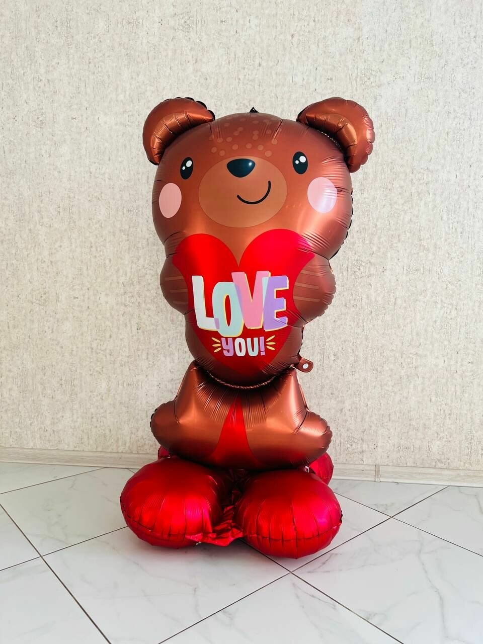 Воздушный шар напольный гигант медведь с сердцем, I love you, 124 см