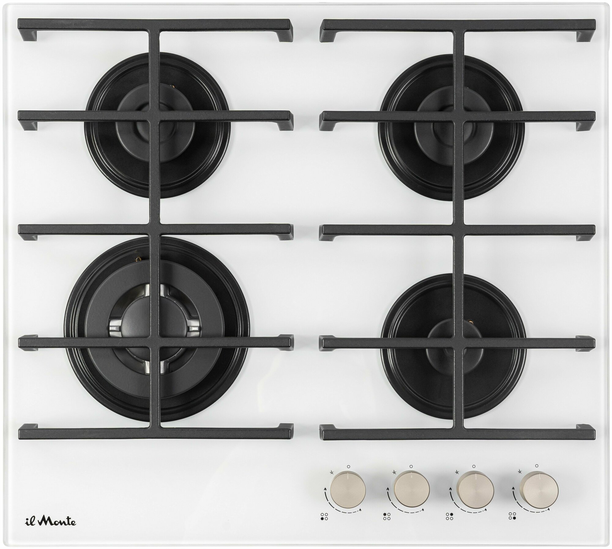 Варочная панель газовая, Закаленное стекло, 60 см, Газ-контроль, Турбо-конфорка WOK, Автоподжиг, Чугунные решетки, il Monte BH-673G