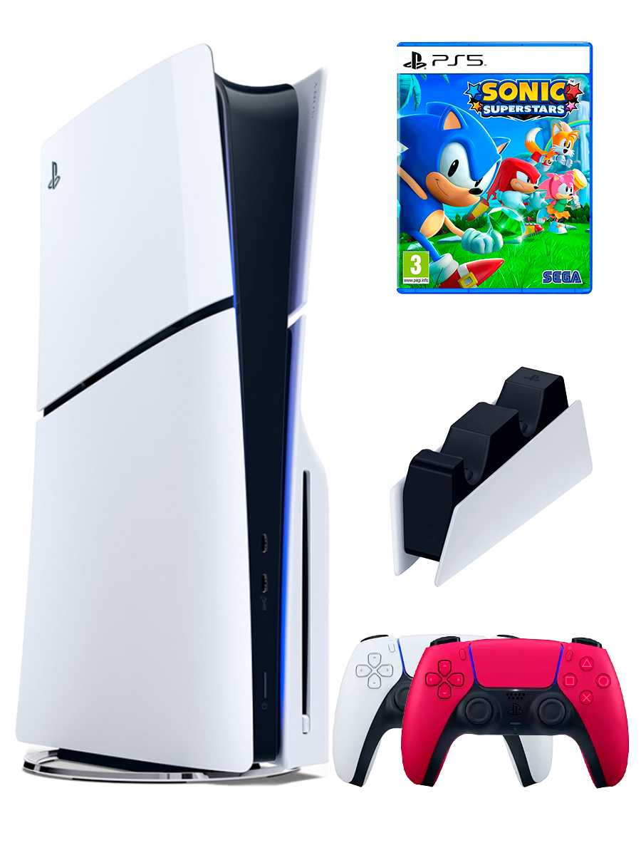 PS5 (ПС5) Игровая приставка Sony PlayStation 5 Slim disc + 2-й геймпад(красный) + зарядное + игра SonicSS