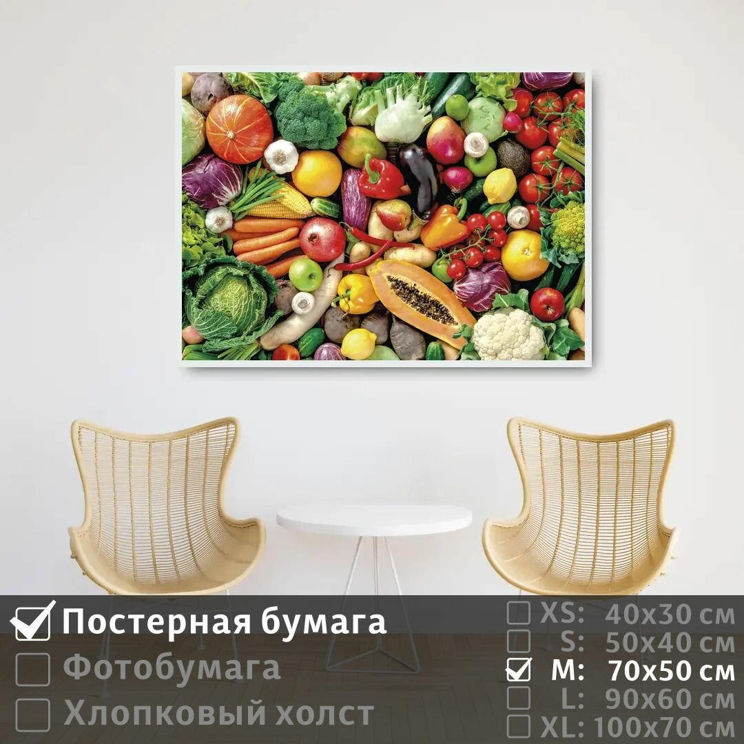 Постер на стену Красочные Овощи И Фрукты Для Здоровья 70х50 см ПолиЦентр