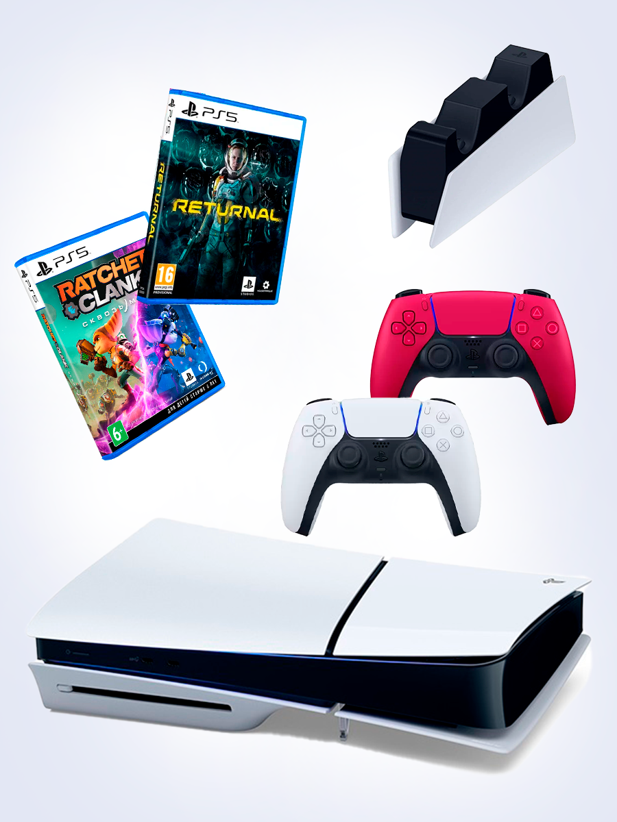 PS5 (ПС5) Игровая приставка Sony PlayStation 5 Slim disc + 2-й геймпад(красный) + зарядное + игра Ratchet Clank+ игра Returnal