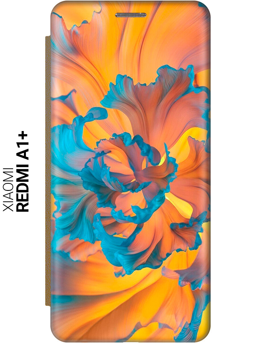 Чехол-книжка на Xiaomi Redmi A1+ / A2+ / Poco C50 / C51 / Сяоми Редми А1 Плюс / А2 Плюс / Поко С50 / С51 с рисунком "Желто-голубой цветок" золотистый