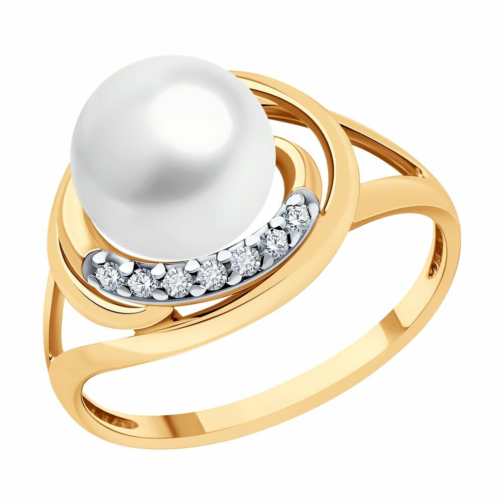 Кольцо, серебро, 925 проба, жемчуг пресноводный культивированный, фианит