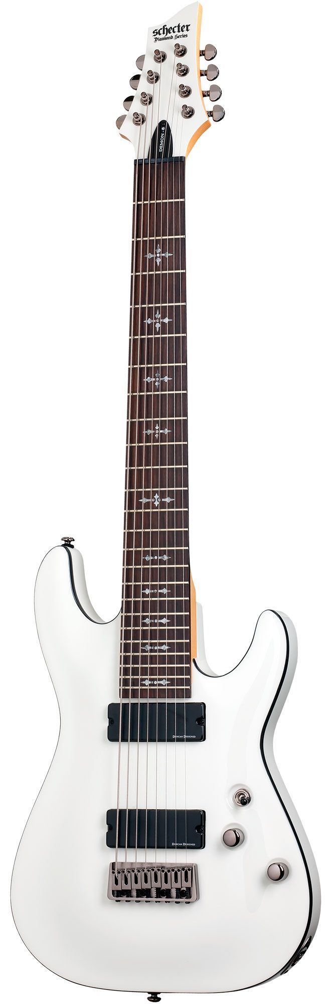 SCHECTER DEMON-8 VWHT - 8-струнная электрогитара, 24 лада, корпус: липа, гриф: клён, накладка венге, на болтах, звукосниматели: HH Schecter Diamond Active HB-105S, регулировки: громкость, тон, 3х позиционный переключатель, Цвет: состаренный белый